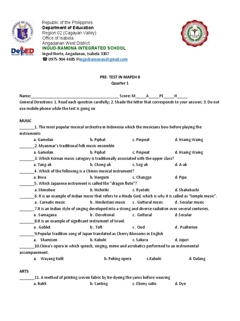 Pre-Test MAPEH 8 Q1 2022-2023 | PDF