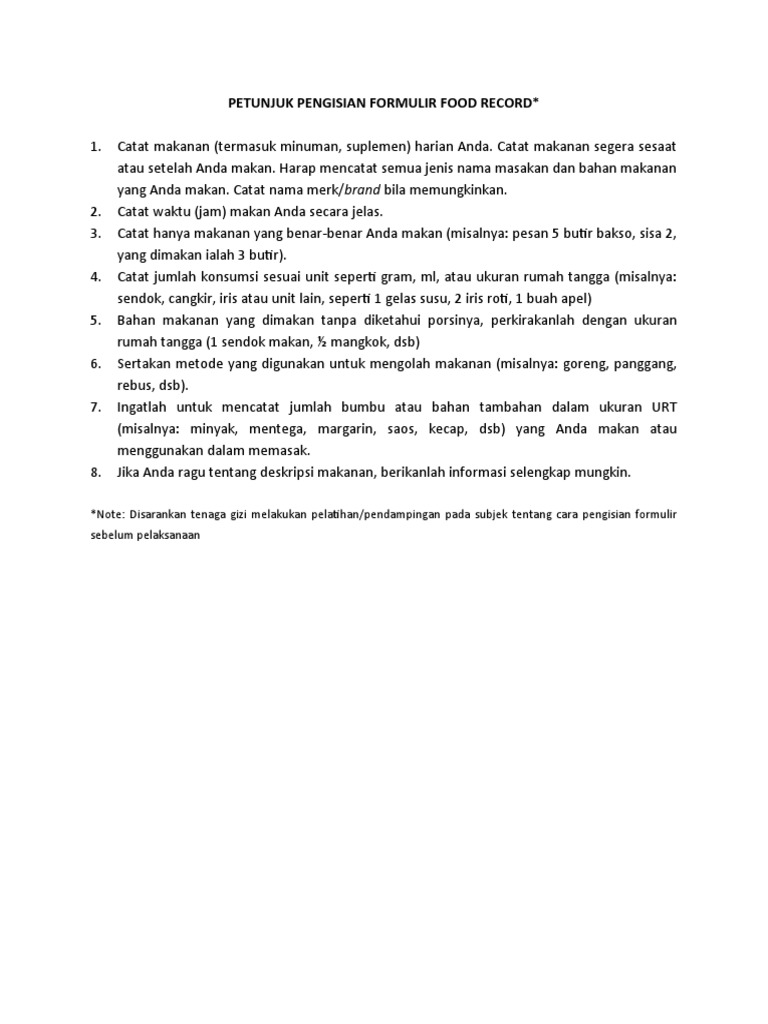 Panduan Pengisian Formulir Food Record | PDF