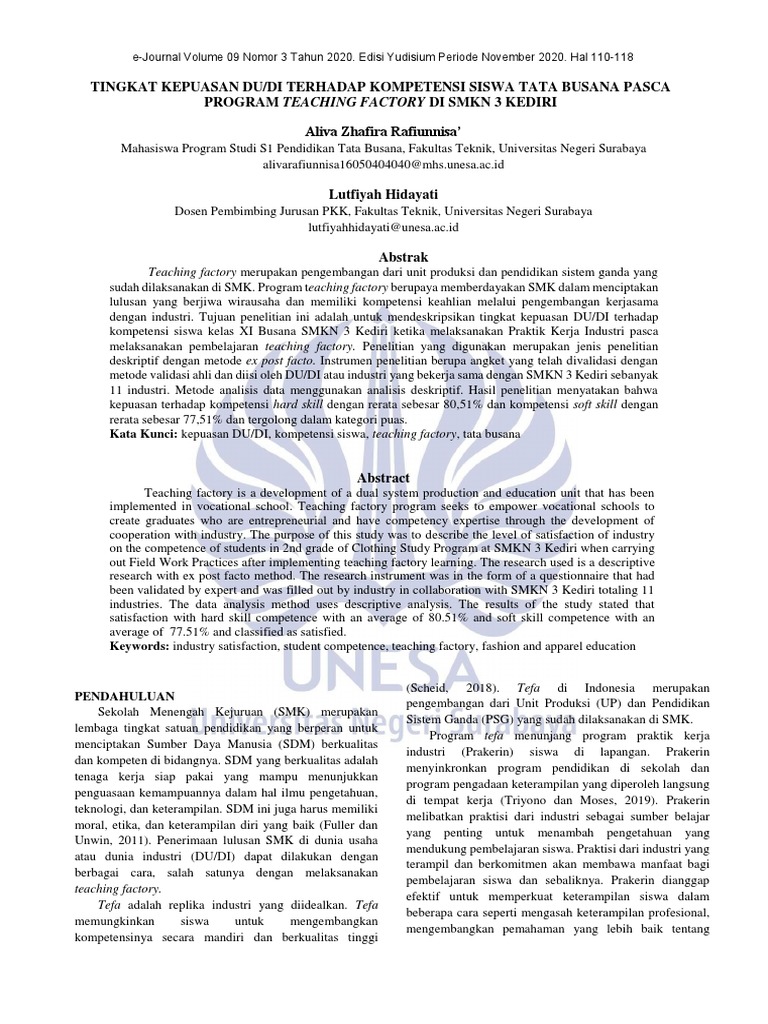 Tingkat Kepuasan Du/Di Terhadap Kompetensi Siswa Tata Busana Pasca Program Teaching Factory Di ...