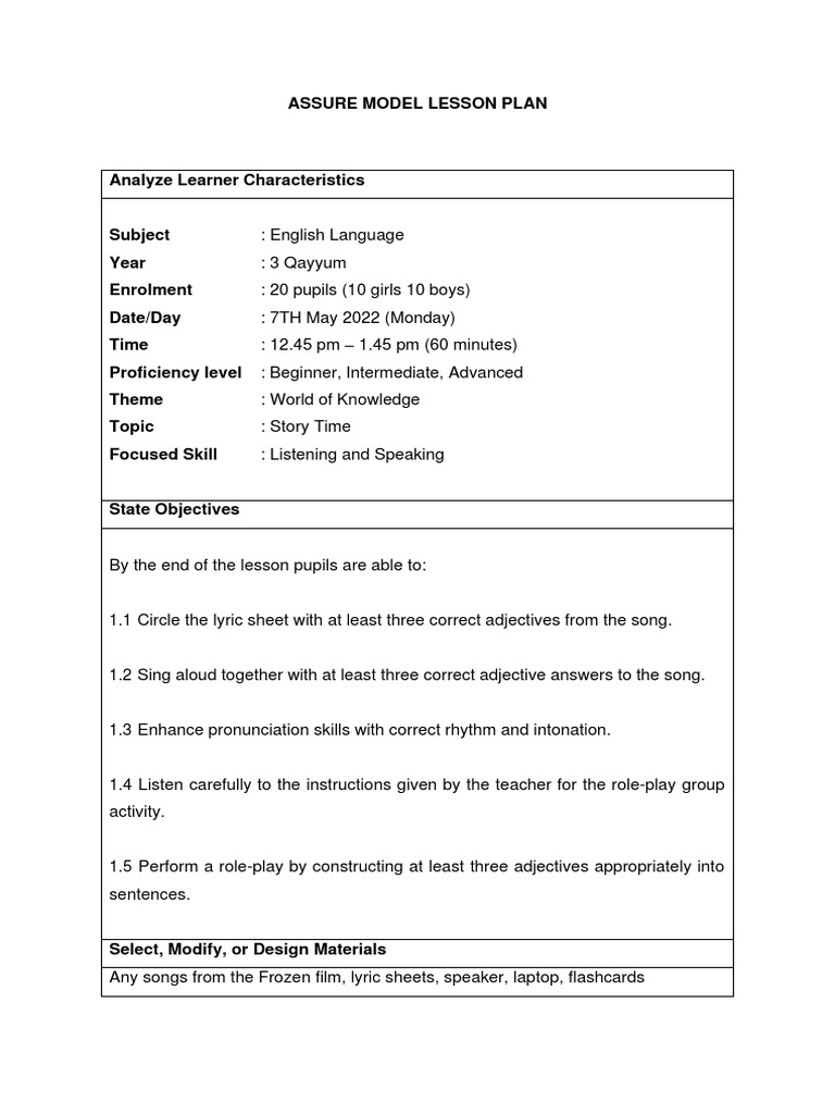 Assure Model Lesson Plan 1 | PDF | Lesson Plan | Cognition