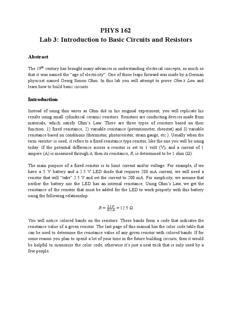 Lab 3 Breadboard and Ohms Law | PDF | Electrical Resistance And Conductance | Resistor