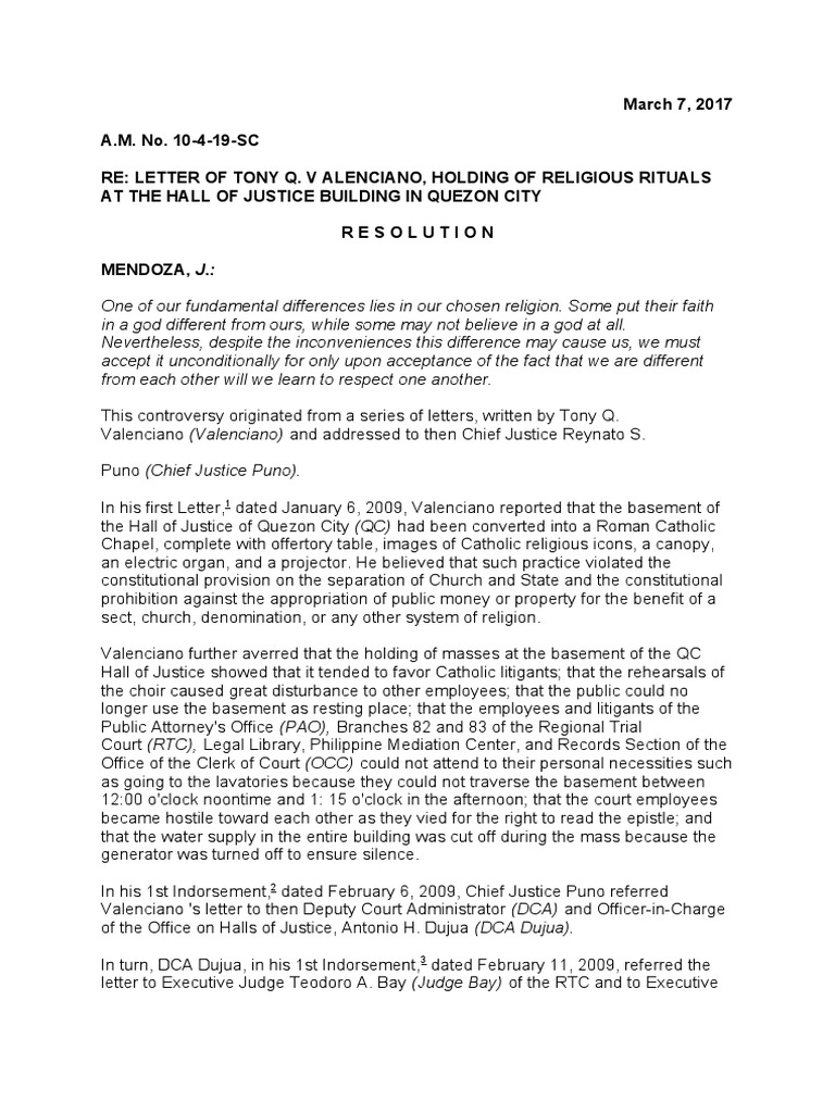 Letter of Tony Q. V Alenciano, Holding of Religious Rituals at The Hall ...