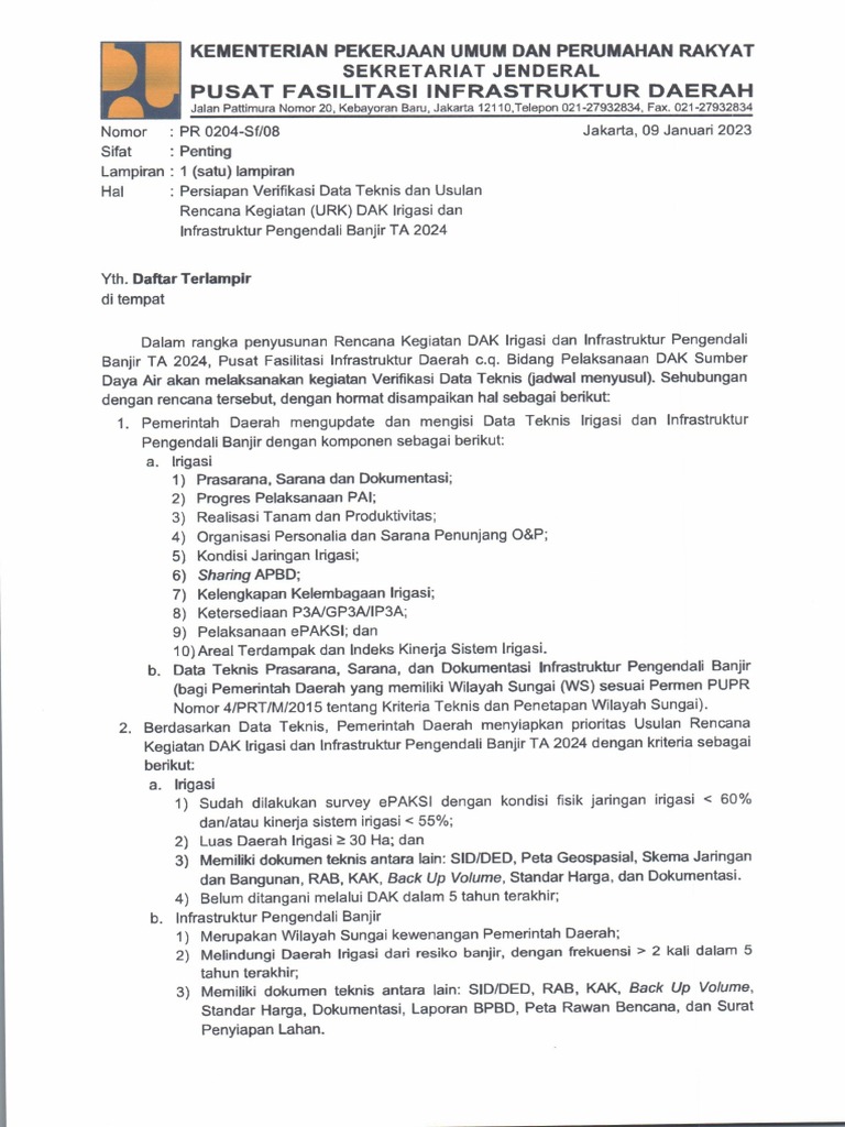 Persiapan Verifikasi Data Teknis Dan URK DAK Irigasi Dan Infrastruktur Pengendali Banjir TA 2024 ...