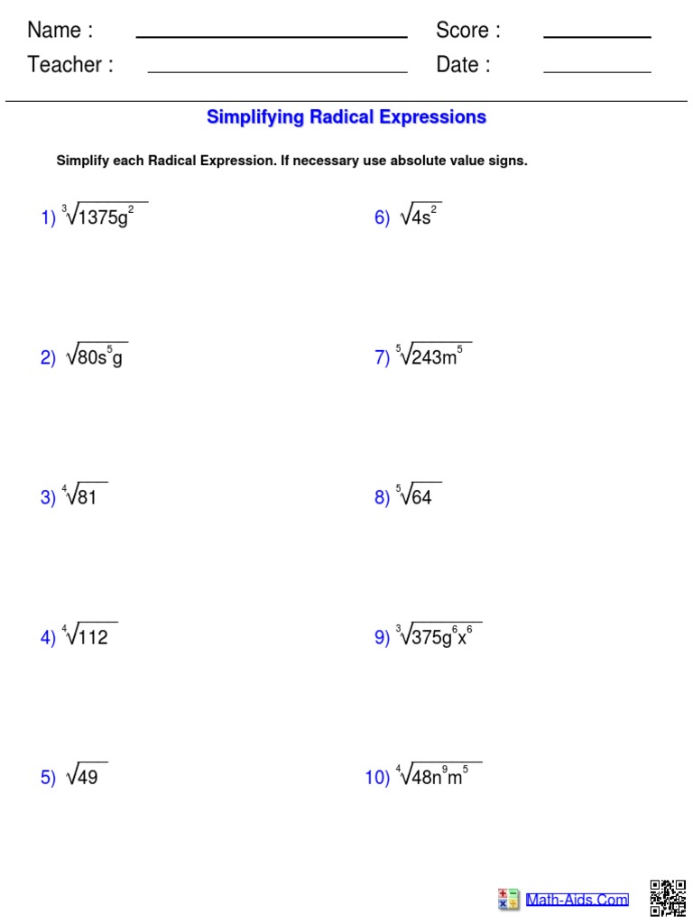 Algebra1 Radicals Simplify | PDF