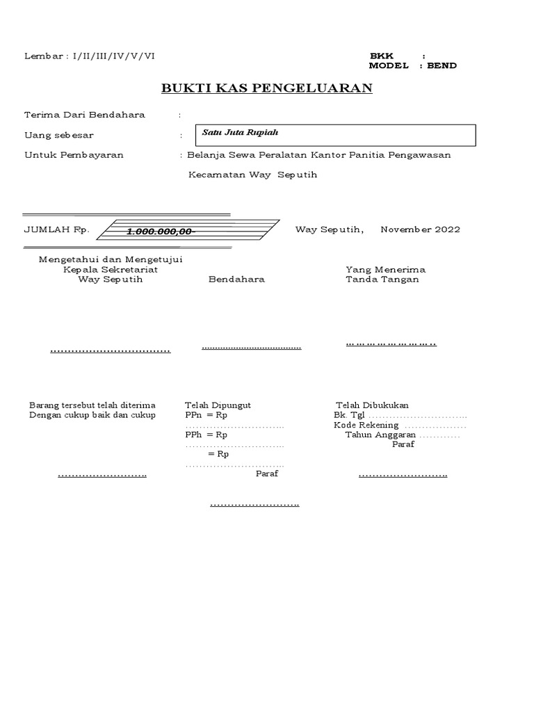 Bukti Kas Pengeluaran: BKK: Model: Bend | PDF