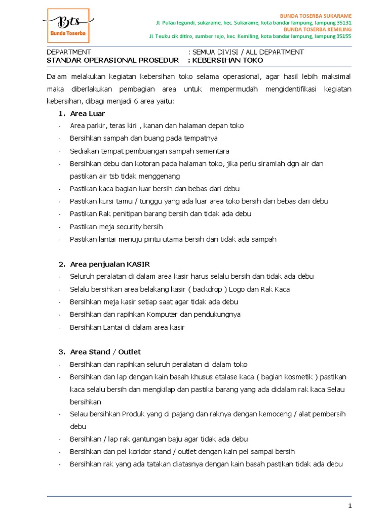 SOP KEBERSIHAN TOKO | PDF