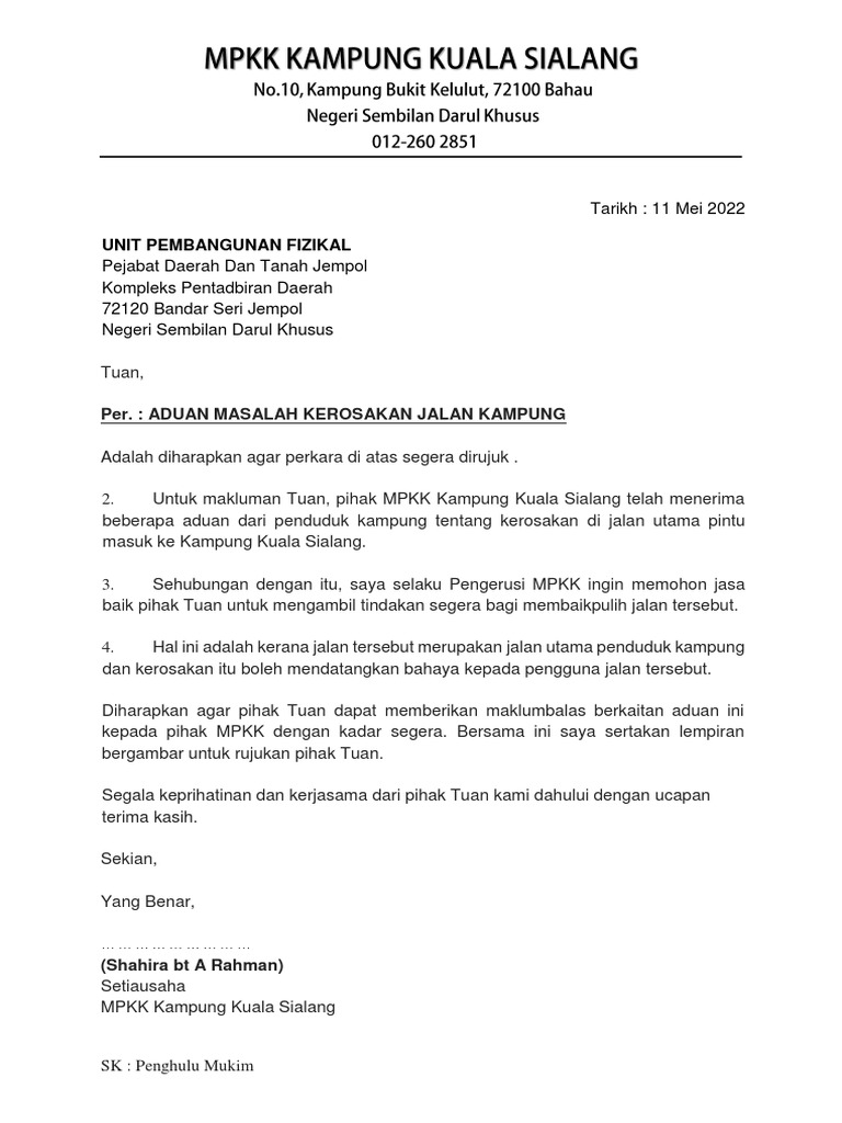 Contoh Surat Aduan Jalan | PDF