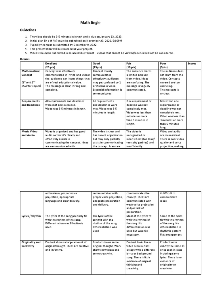 Math Jingle Guidelines and Rubric | PDF | Rhythm | Creativity