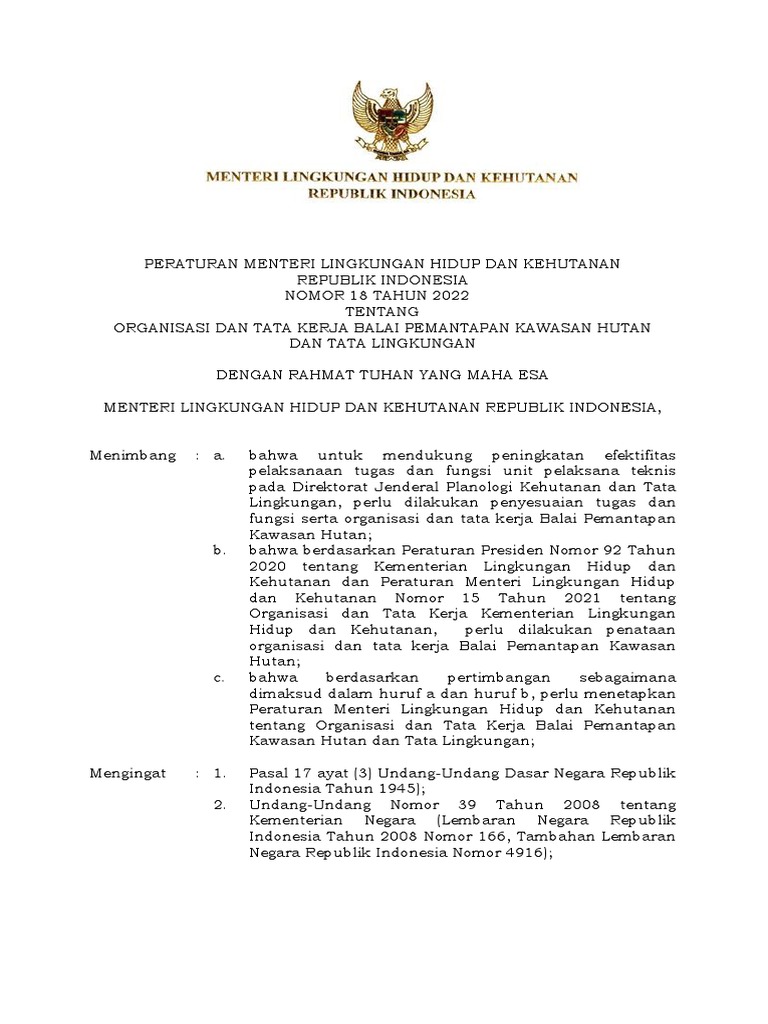 PermenLHK Nomor 18 Tahun 2022 | PDF