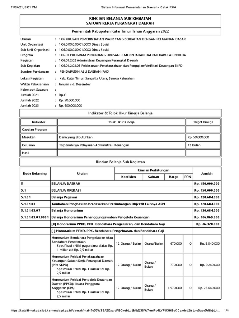 Sistem Informasi Pemerintahan Daerah - Cetak RKA 1 | PDF