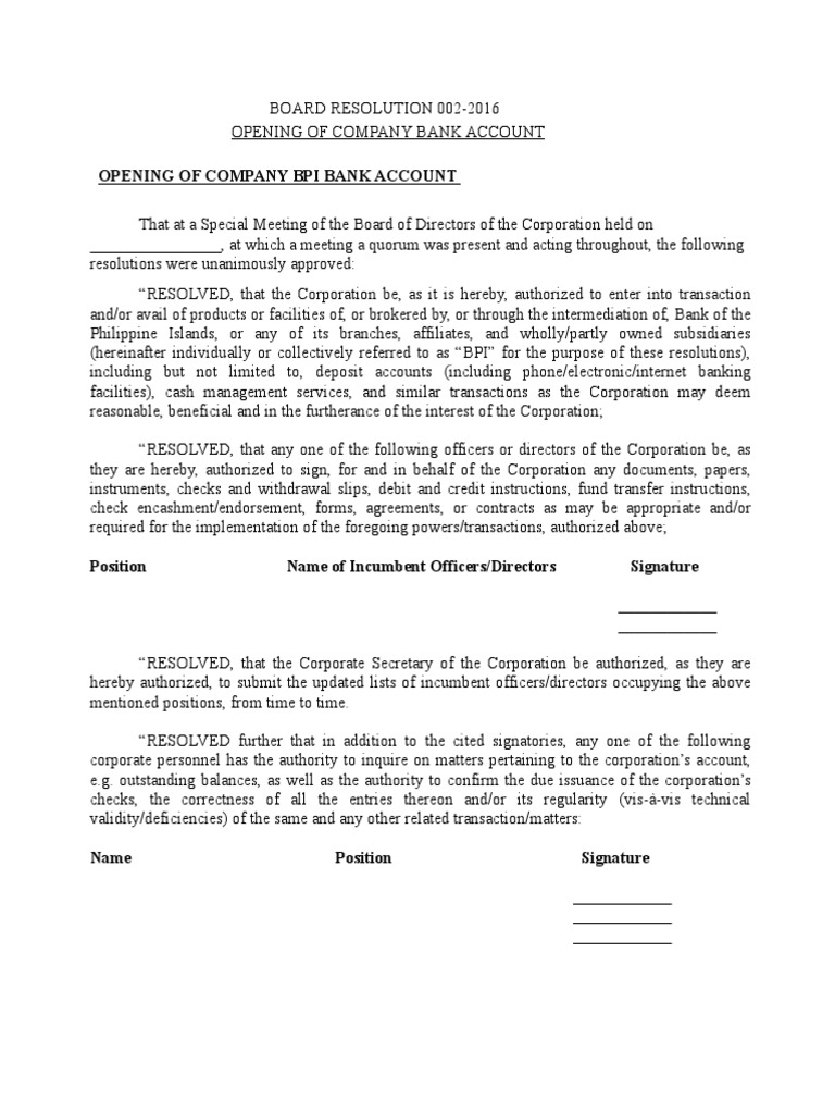Board-Resolution - Opening of BPI Bank Account | PDF | Banks | Debit Card
