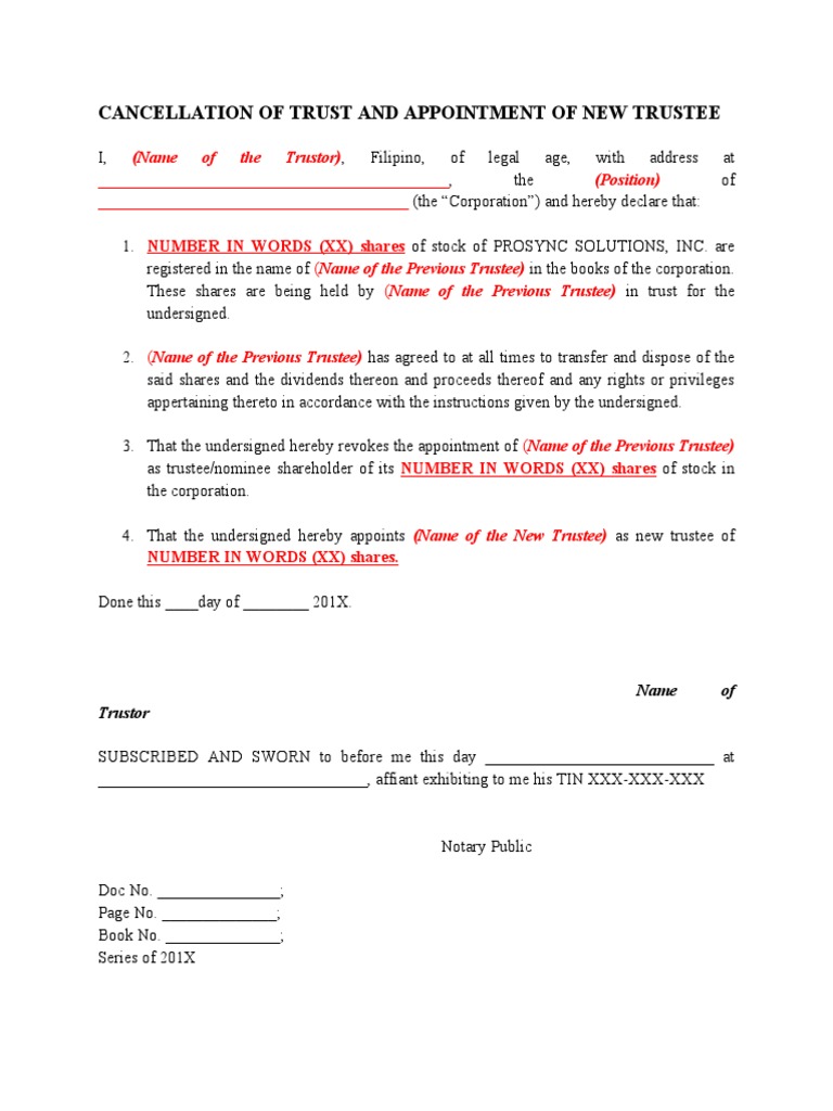 Cancellation of Trust and Appointment of New Trustee (Template) | PDF