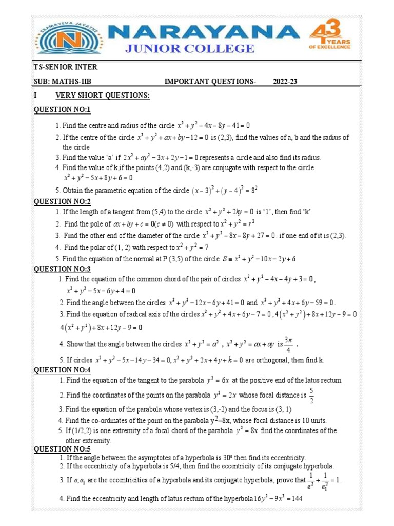 Ts SR Maths Iib Imp Questions-2023 | PDF | Ellipse | Circle