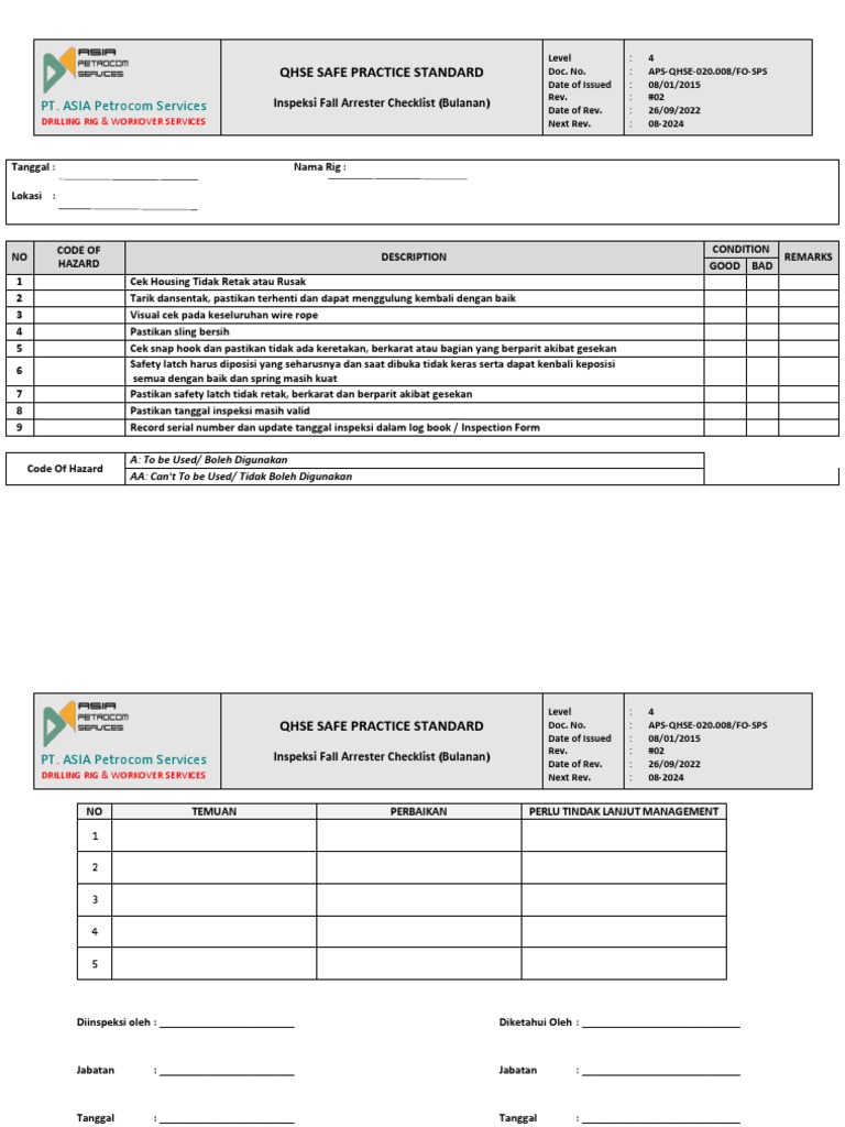 Checklist Inspeksi Fall Arrester Bulanan | PDF