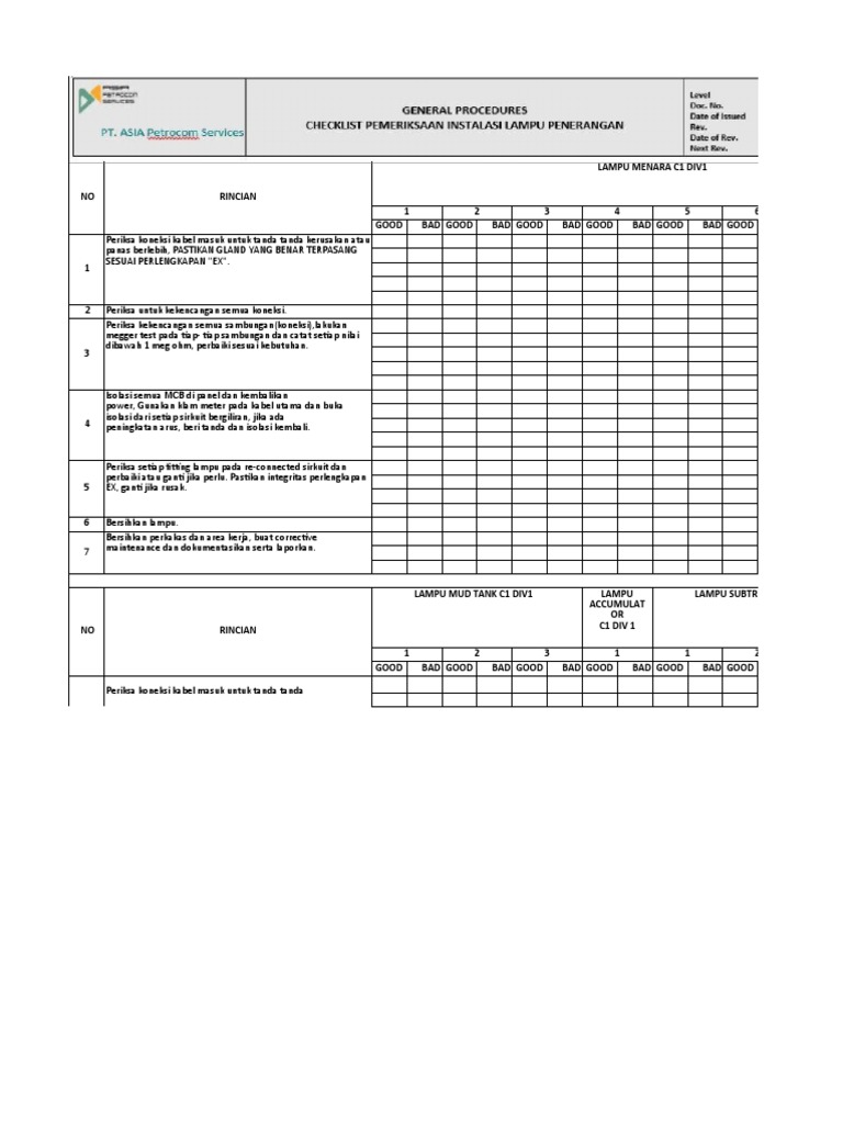 Checklist Lampu Dan Instalasi | PDF Checklist Lampu Dan Instalasi | PDF
