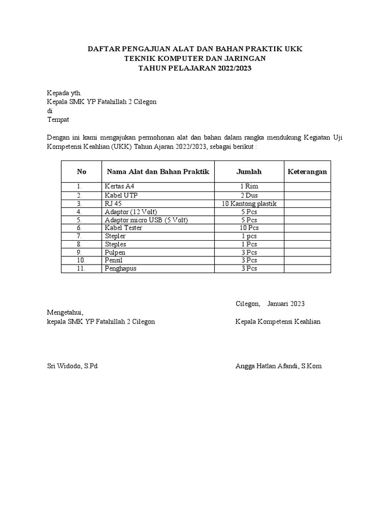 Pengajuan Alat UKK TKJ 2023 | PDF | Griya & Taman | Teknologi & Rekayasa