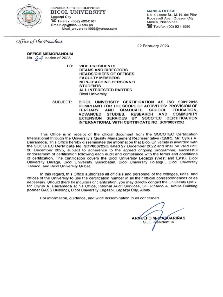 BU OP OM No 64 s 2023 re BU Certification as ISO 9001 2015 Compliant ...
