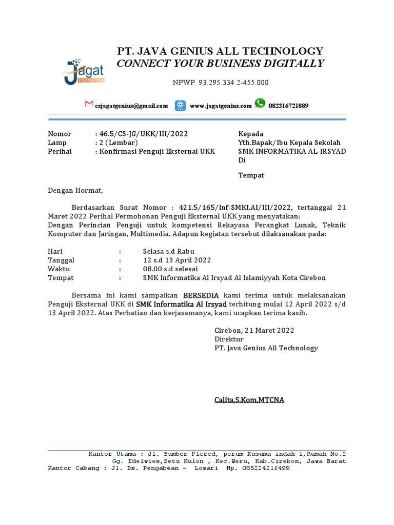 Konfirmasi Penguji Eksternal UKK SMK | PDF