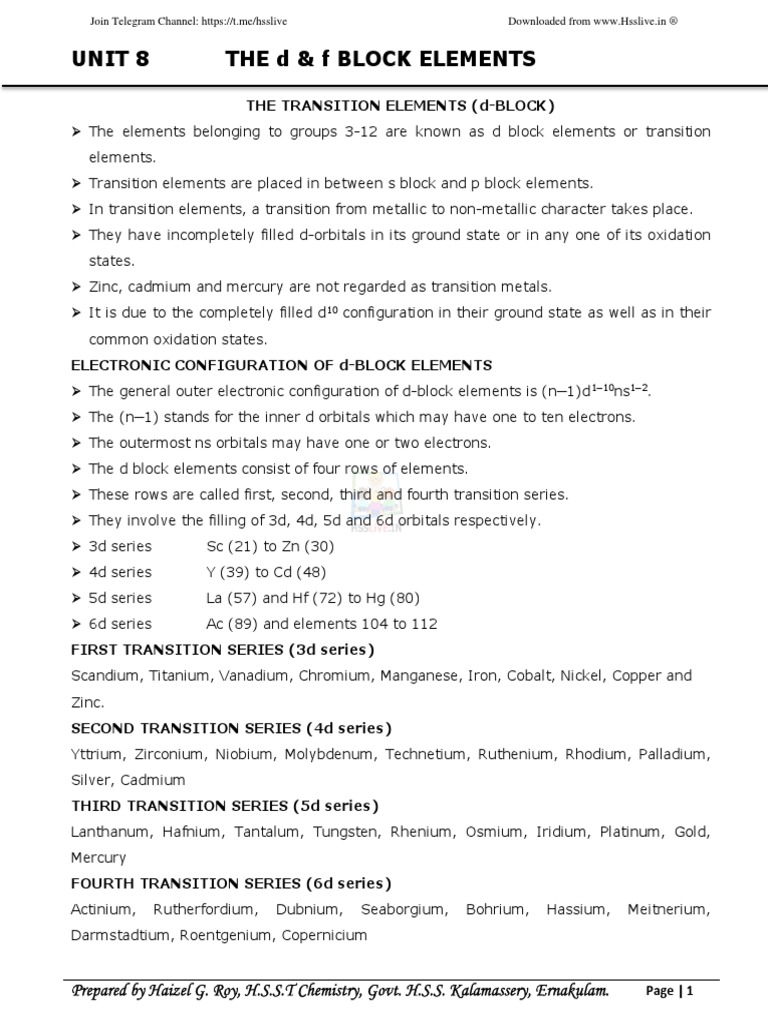 Hsslive-Xii-Chem-8. The D & F Block Elements | PDF | Transition Metals | Lanthanide
