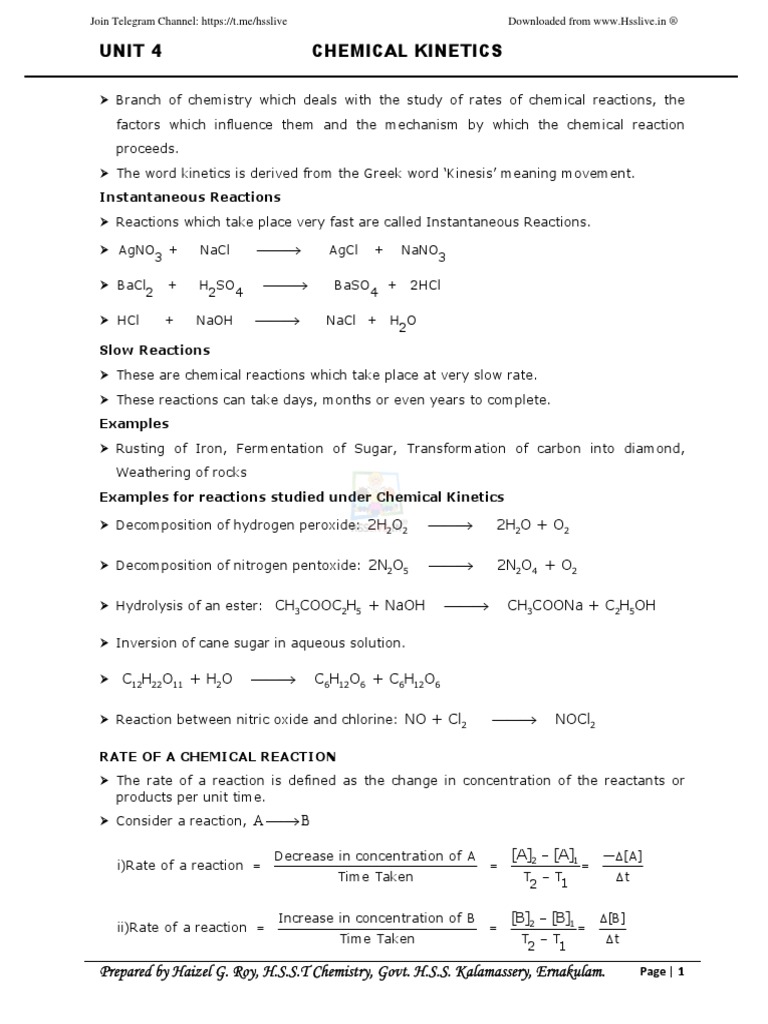 Hsslive Xii Chem 4. Chemical Kinetics | PDF | Reaction Rate | Activation Energy
