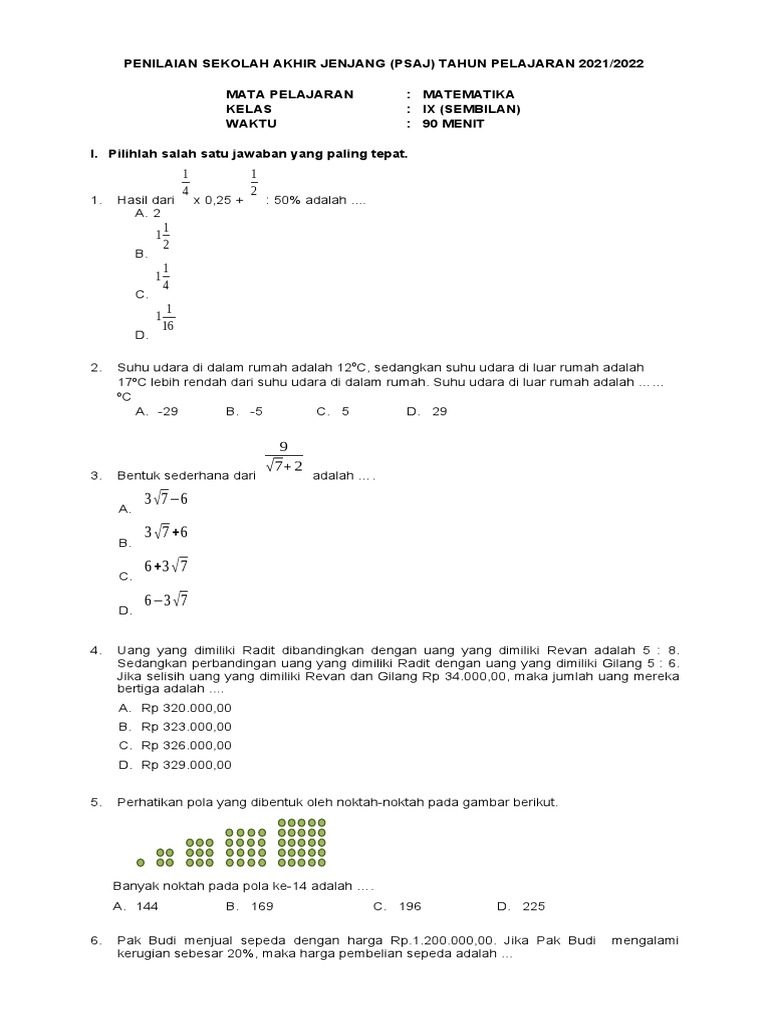 Soal Psaj Matematika Kelas 9 | PDF