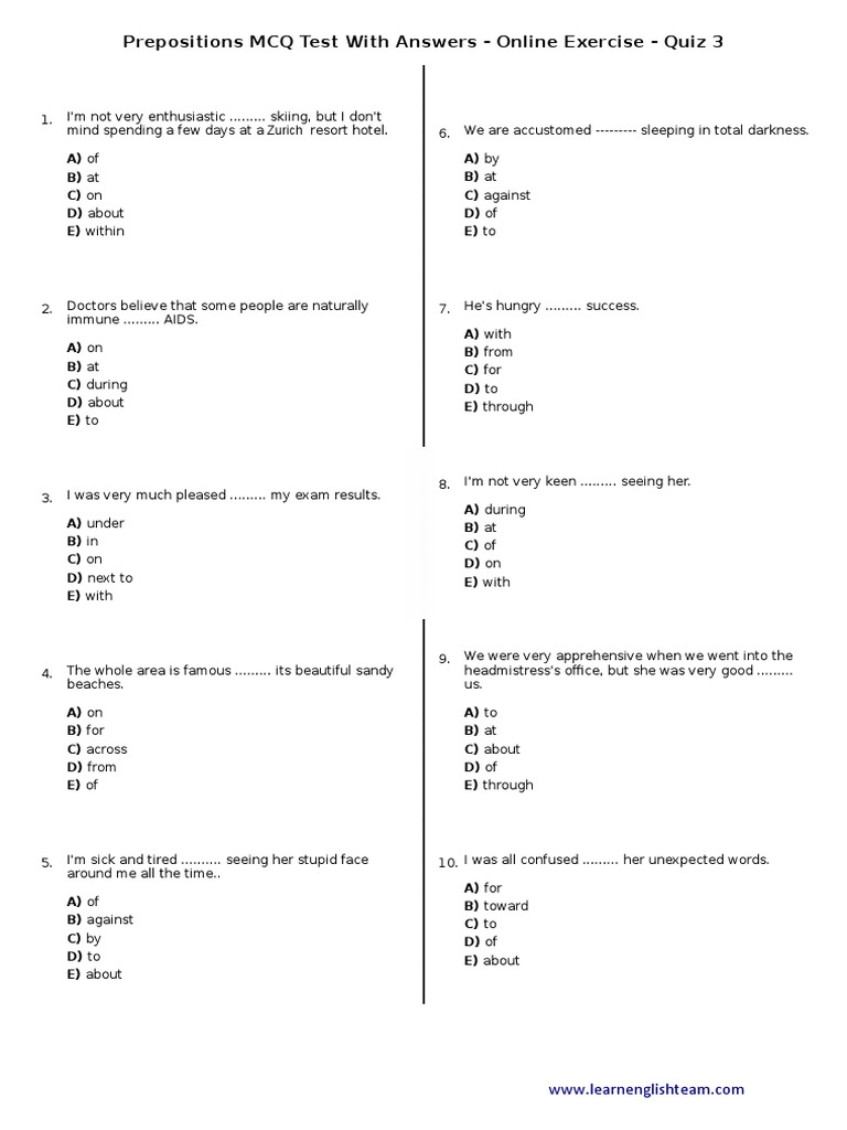 Prepositions Quiz for Learners | PDF