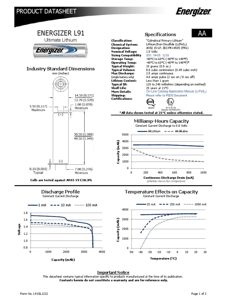 Energizer L91: Product Datasheet | PDF | Electricity | Electromagnetism