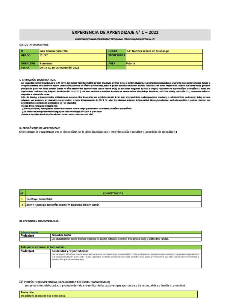 EXPERIENCIA bienvenida DPCC 1° | PDF | Las emociones | Aprendizaje