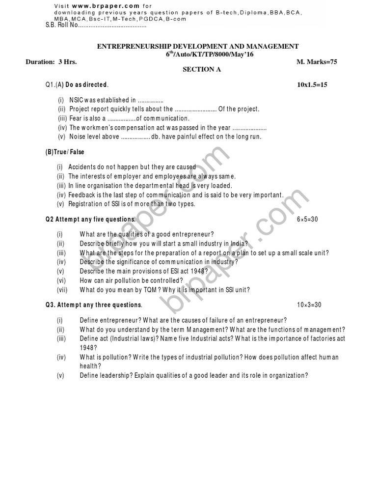 Diploma Engineer Question Paper-1 | PDF | Entrepreneurship | Labor