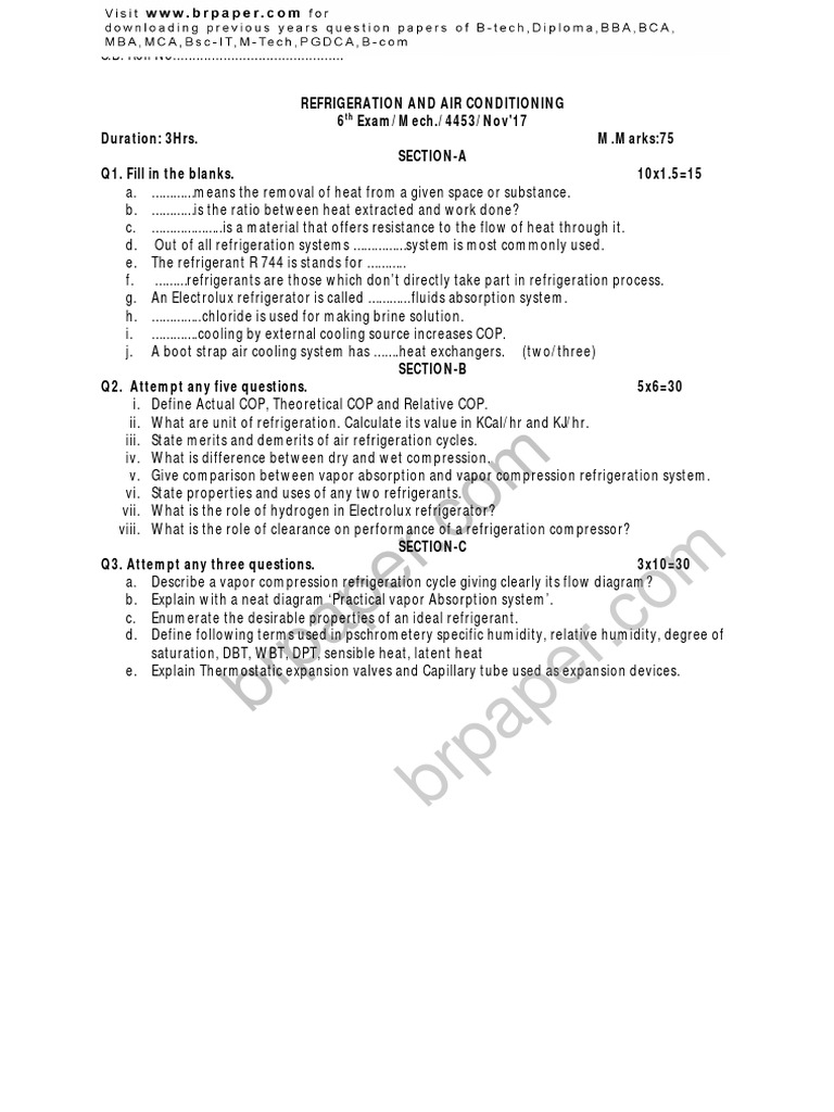 RAC Diploma Exam Question Paper 2017 | PDF | Refrigeration | Materials