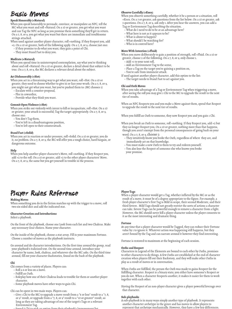 Legend of The Elements - Player Reference Sheet | PDF