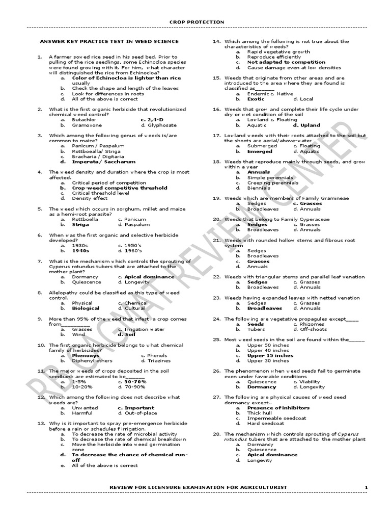 Answer Key To Practice Test in Weed Science | PDF | Pesticide | Seed
