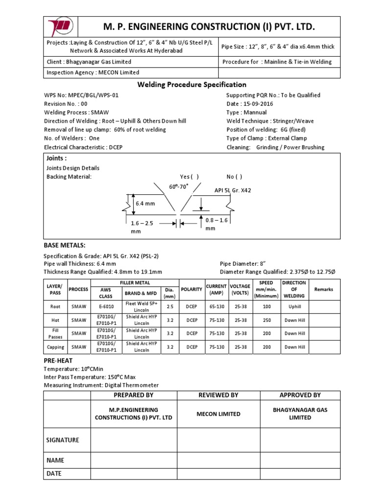 WPS for API 5L X42 Pipeline Welding | PDF | Construction | Welding