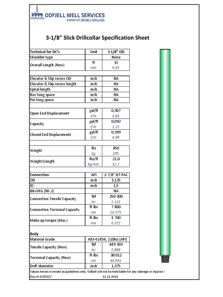 3 1 - 8 Od X 1 1 - 2 Id Drillcollar Slick 2 7 - 8 HT Pac | PDF | Mechanics | Mechanical Engineering