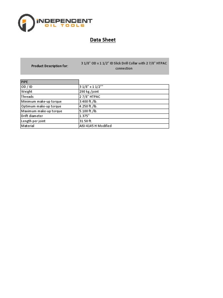 3 1/8" Slick Drill Collar Data Sheet | PDF | Technology & Engineering
