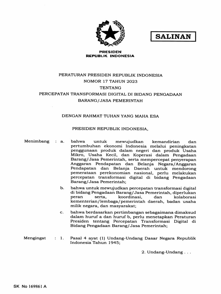 Perpres 17 Tahun 2023 Tentang Percepatan Transformasi Digital Di Bidang Pengadaan Barang Jasa ...