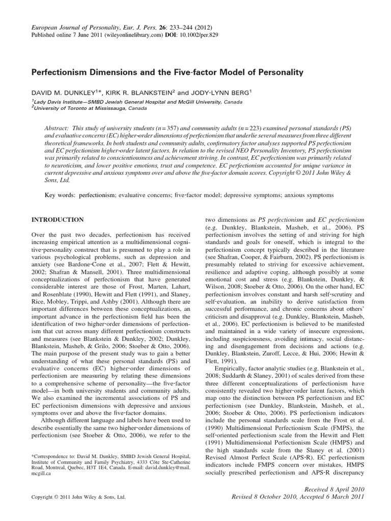 Perfectionism Dimensions and The Five Factor Model of Personality | PDF ...
