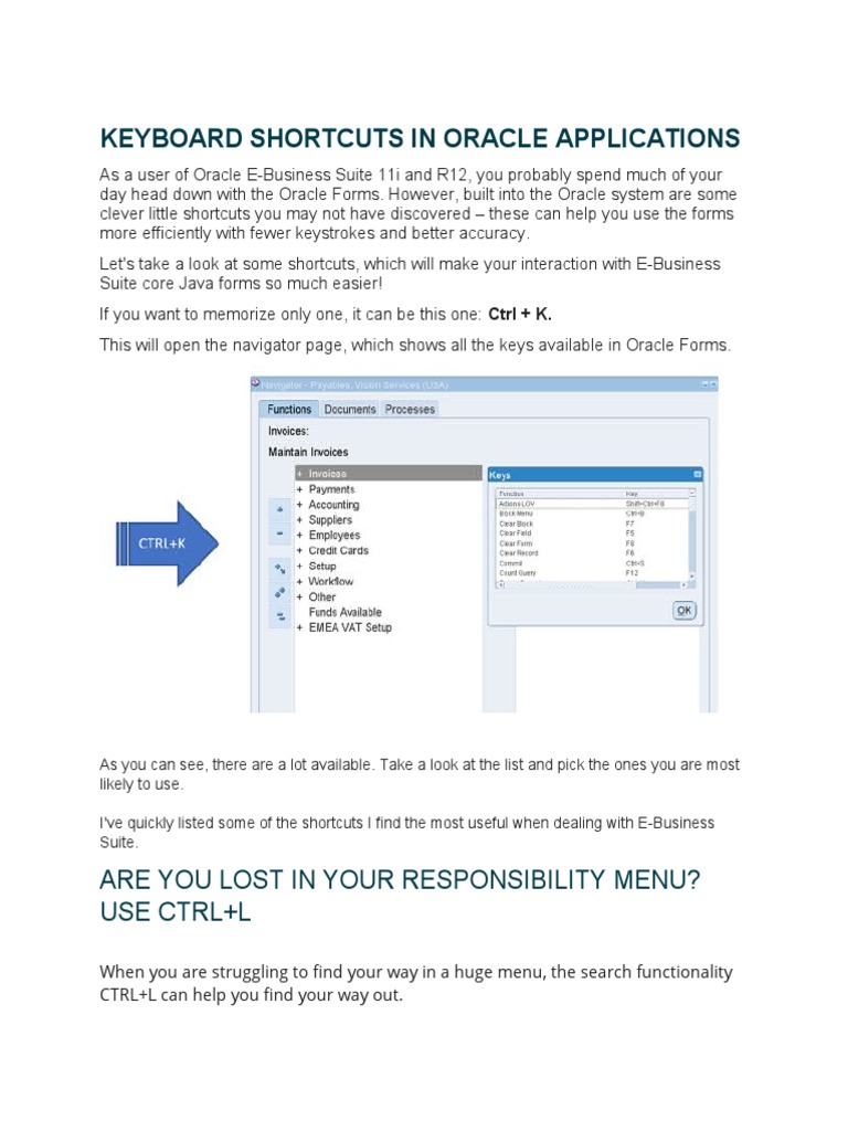 Keyboard Shortcuts in Oracle Applications R12 | PDF | Keyboard Shortcut ...