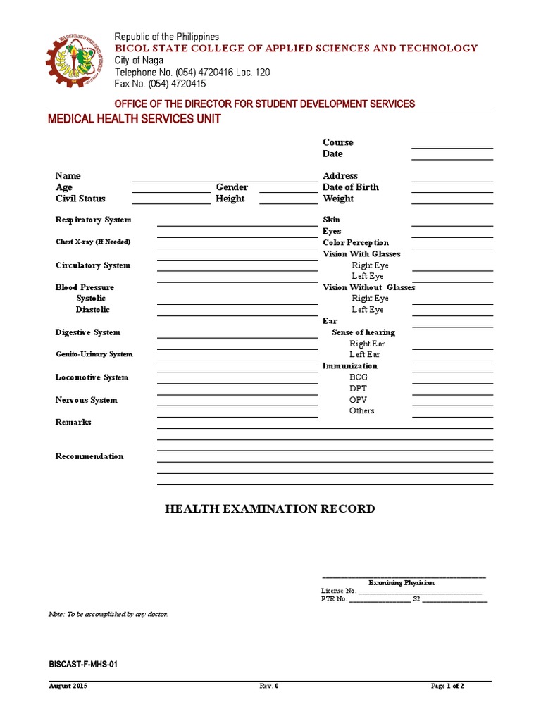 BISCAST Medical Health Form | PDF | Blood Pressure | Public Health