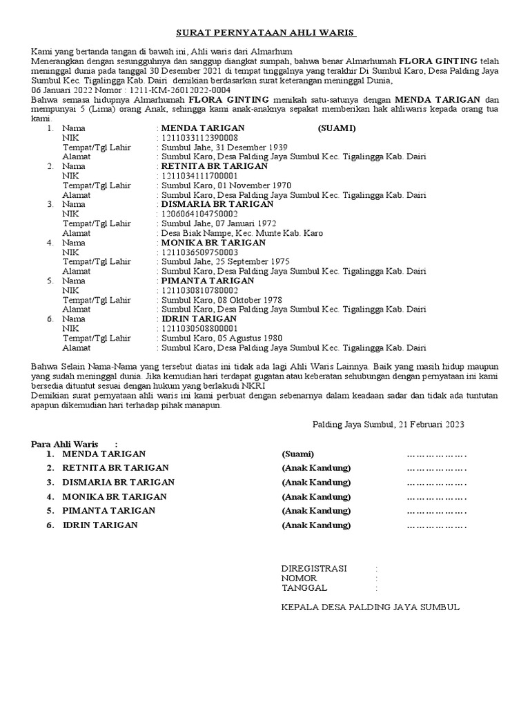 Surat Pernyataan Ahli Waris | PDF