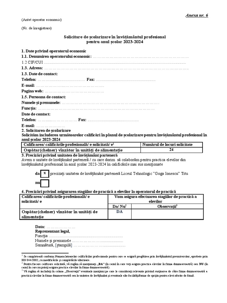 Model Solicitare Scolarizare Invatamant Profesional | PDF