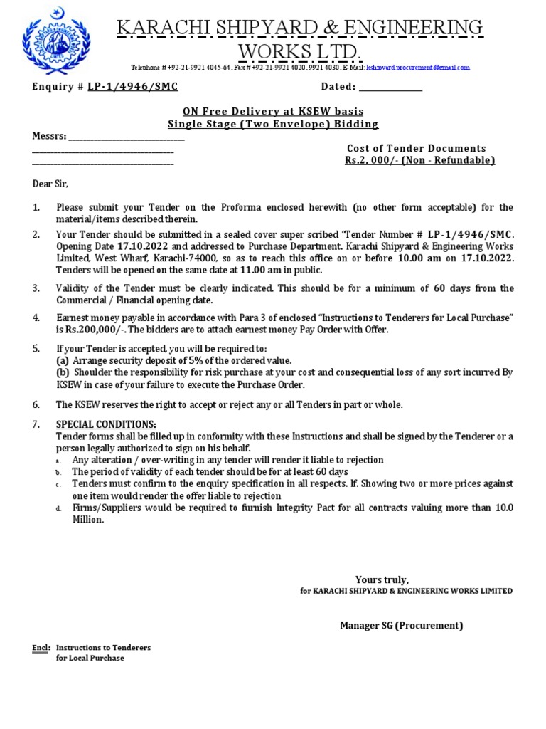Tender Doc. 2 (LP) Single Stage Bidding | PDF | Business | Economies