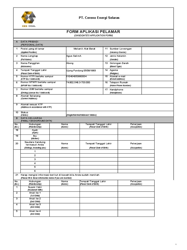 Application Form Employee - CES | PDF