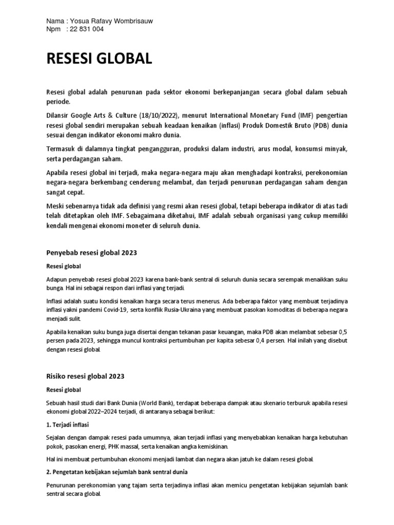 Penyebab dan Dampak Resesi Global 2023 | PDF