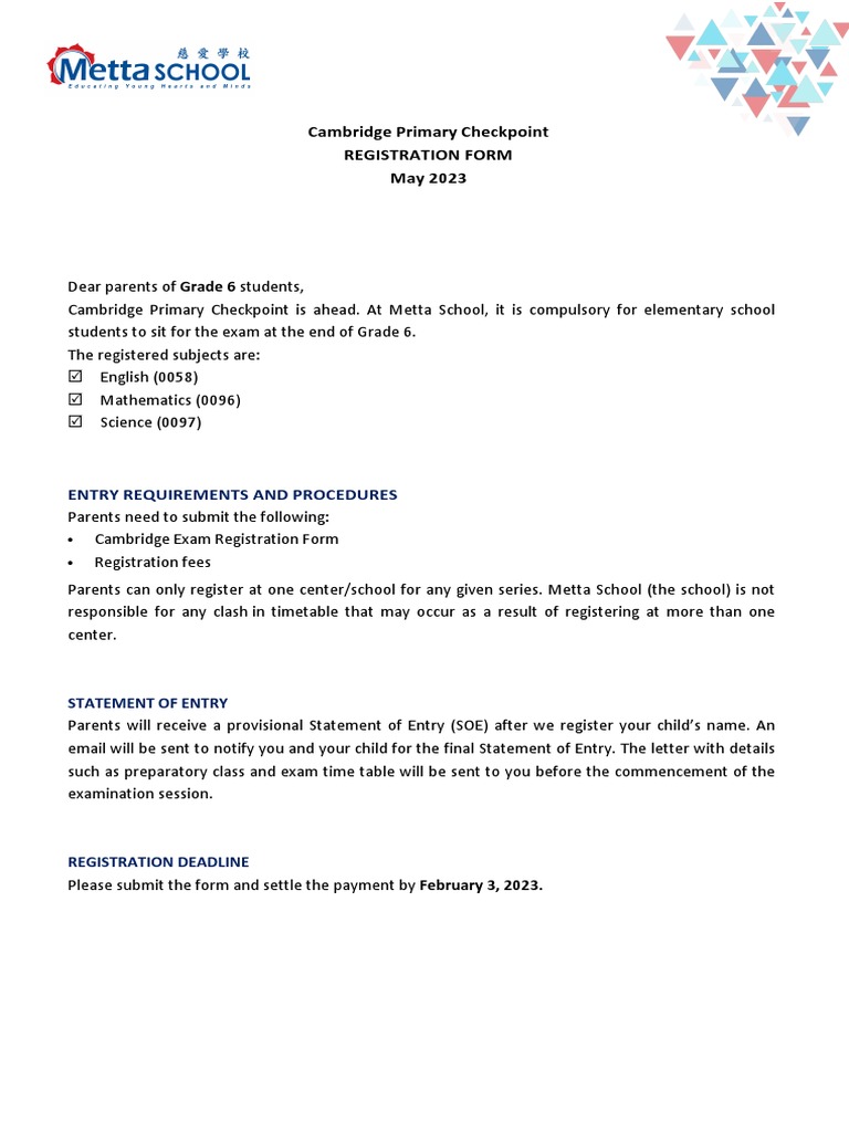 Cambridge Primary Checkpoint Registration 2023 | PDF | University Of ...