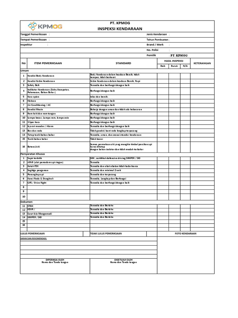 Checklist Pemeriksaan Kendaraan | PDF