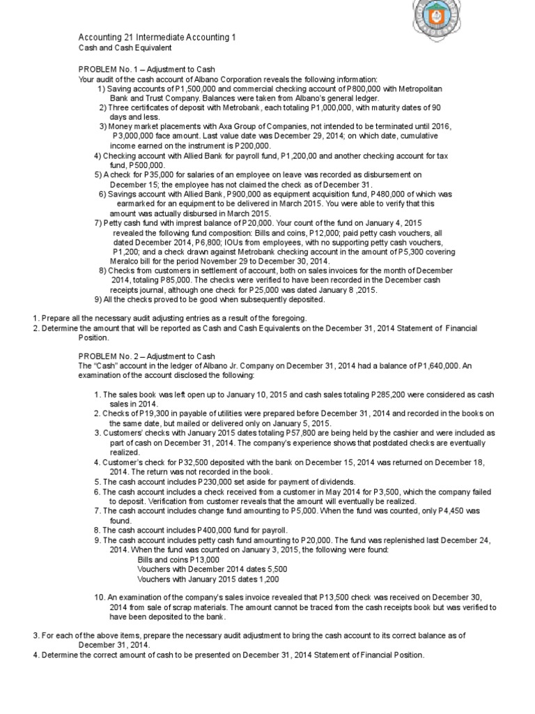 IA1-Handouts-01-Cash and Cash Equivalents | PDF | Banks | Cheque