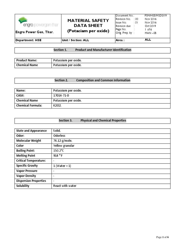 Potassium Peroxide Safety Data Sheet | PDF | Personal Protective ...