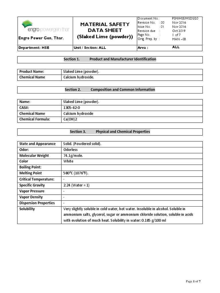 Material Safety Data Sheet for Slaked Lime (Calcium Hydroxide) Powder ...