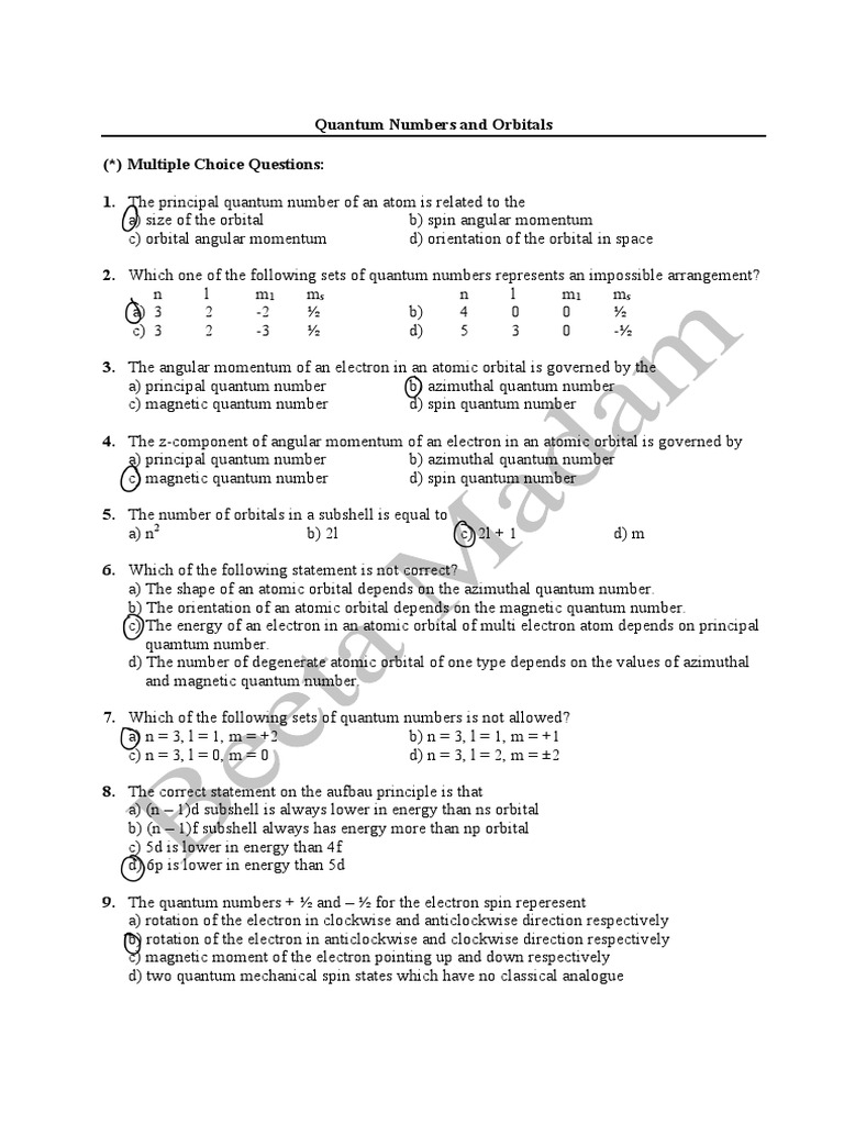 Quantum Numbers MCQ | PDF | Electron Configuration | Atomic Orbital
